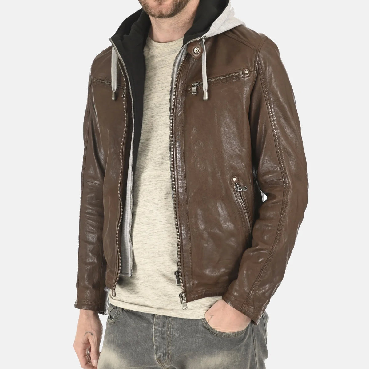 Winston Hallwell Brown Removable Hoodie Genuine Leather Jacket – Pro ...