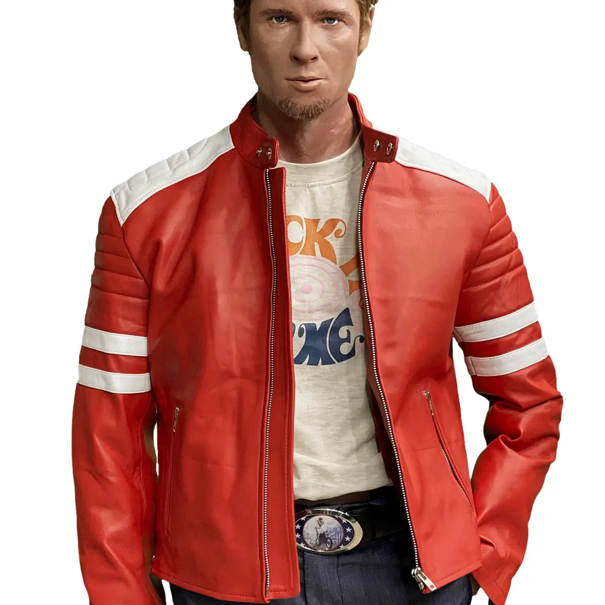 Brad Pitts Tyler Durden Fight Club Mayhem Red & White Leather Jacket ...