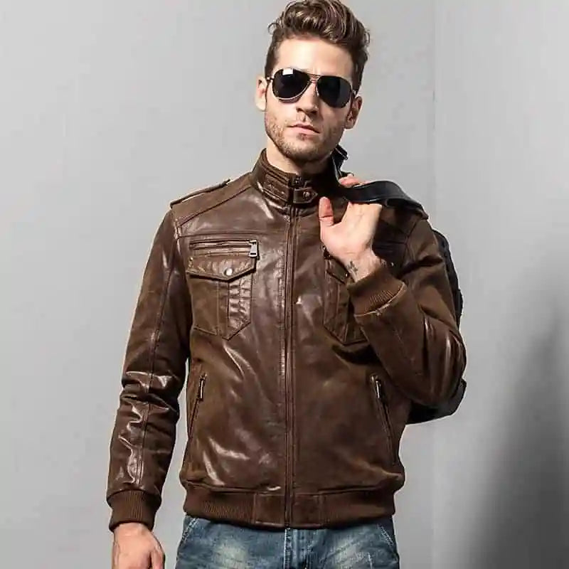 Men’s Brown Bomber Leather Jacket with Rib Collar – Pro Leather Craft