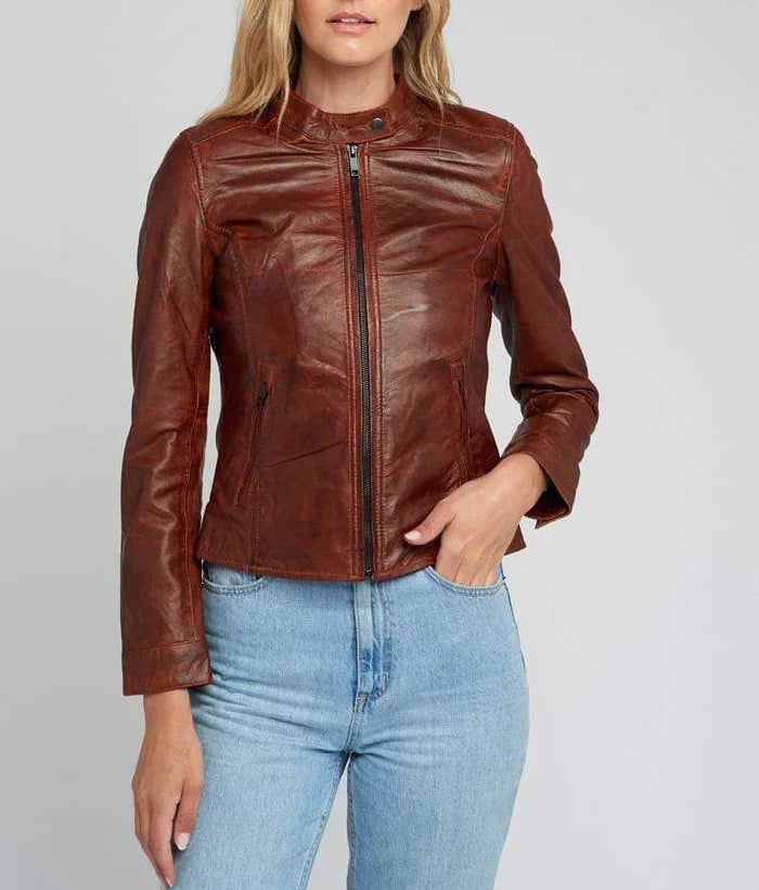 Jessy Brown Cafe Racer Stand Collar Leather Jacket – Pro Leather Craft