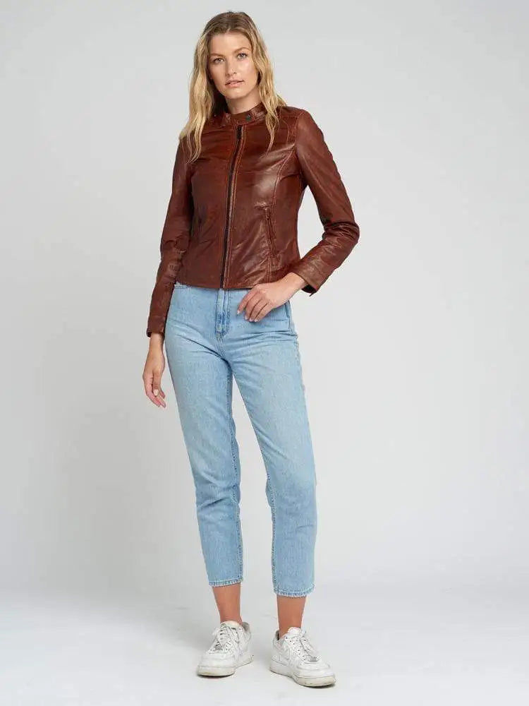Jessy Brown Cafe Racer Stand Collar Leather Jacket – Pro Leather Craft