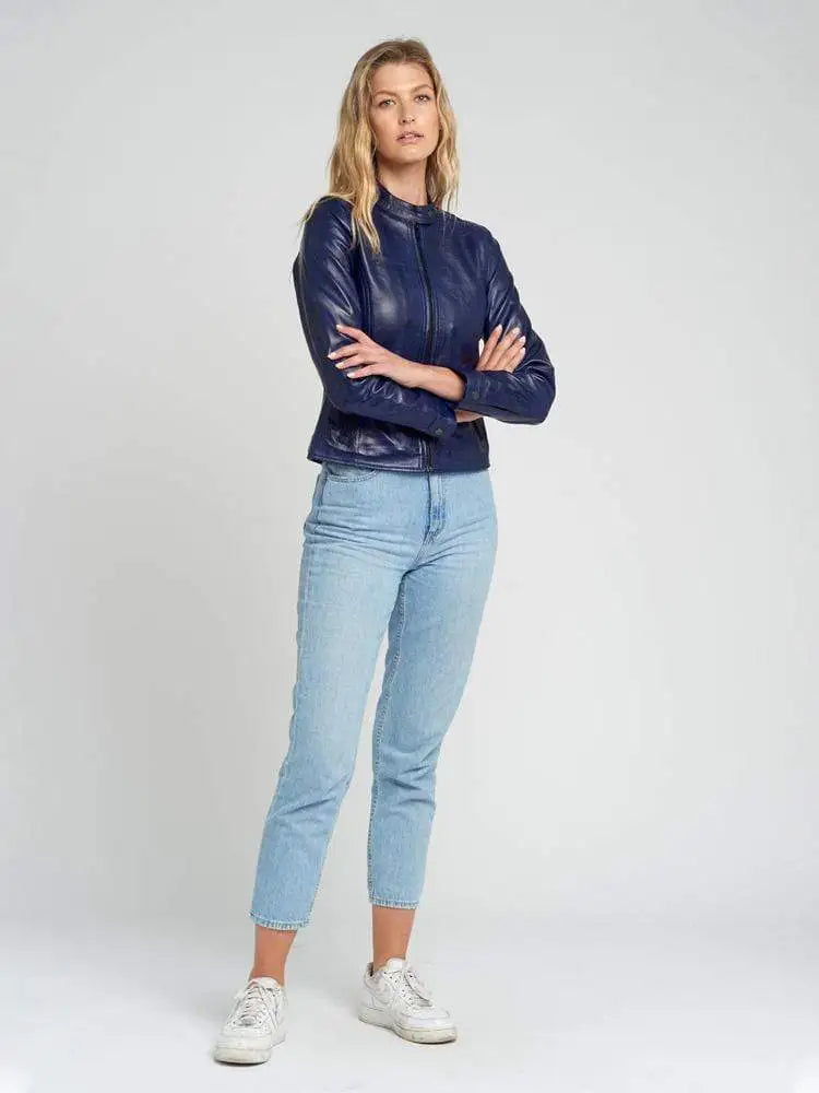 Jessy Blue Cafe Racer Stand Collar Leather Jacket – Pro Leather Craft